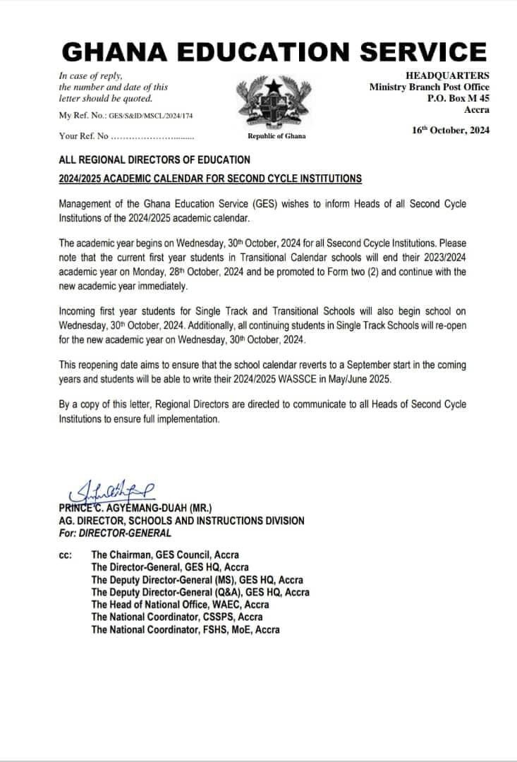 GES releases the 2024/25 academic calendar for Senior High Schools